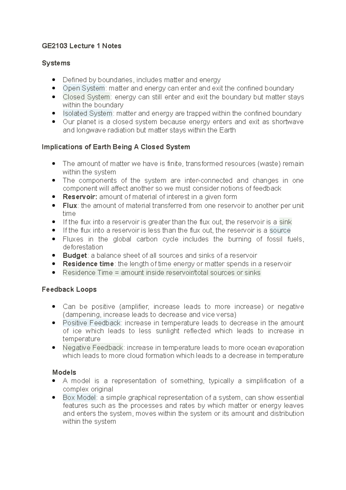GE2103 Lecture 1 Notes - GE2103 Lecture 1 Notes Systems Defined by ...