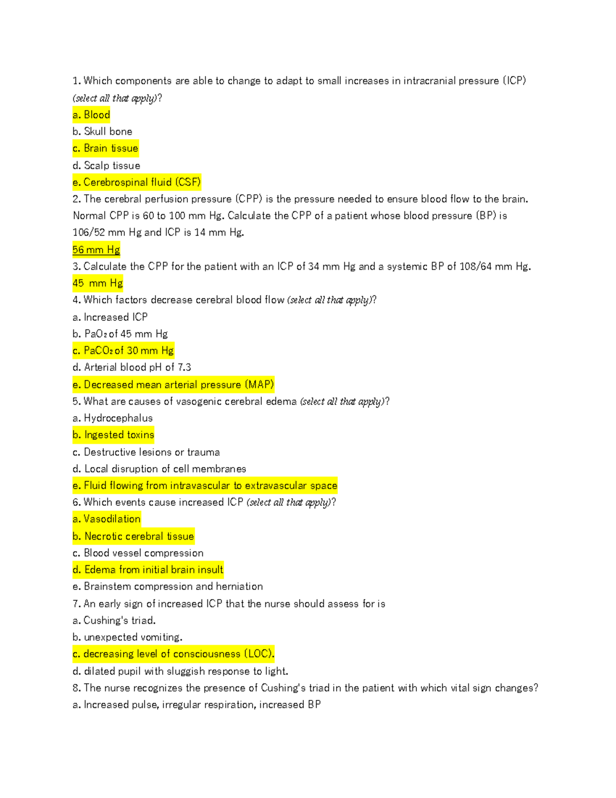 Answer key Worksheet on Intracranial Problems 1 - Which components are ...