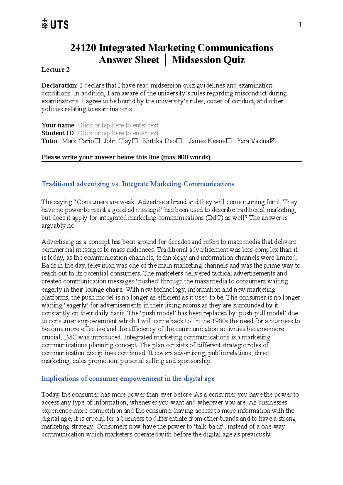 IMC - Midsession quiz - 1 24120 Integrated Marketing Communications ...