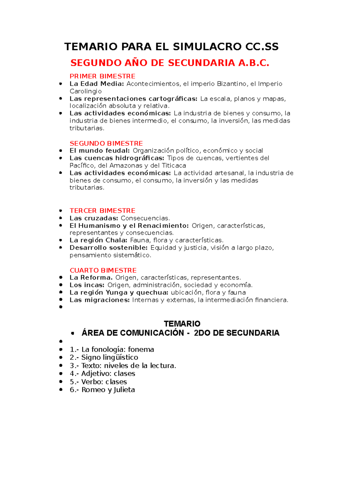 Temario Final - lkiuytrsdxcvbnm - TEMARIO PARA EL SIMULACRO CC SEGUNDO AÑO DE SECUNDARIA A.B ...