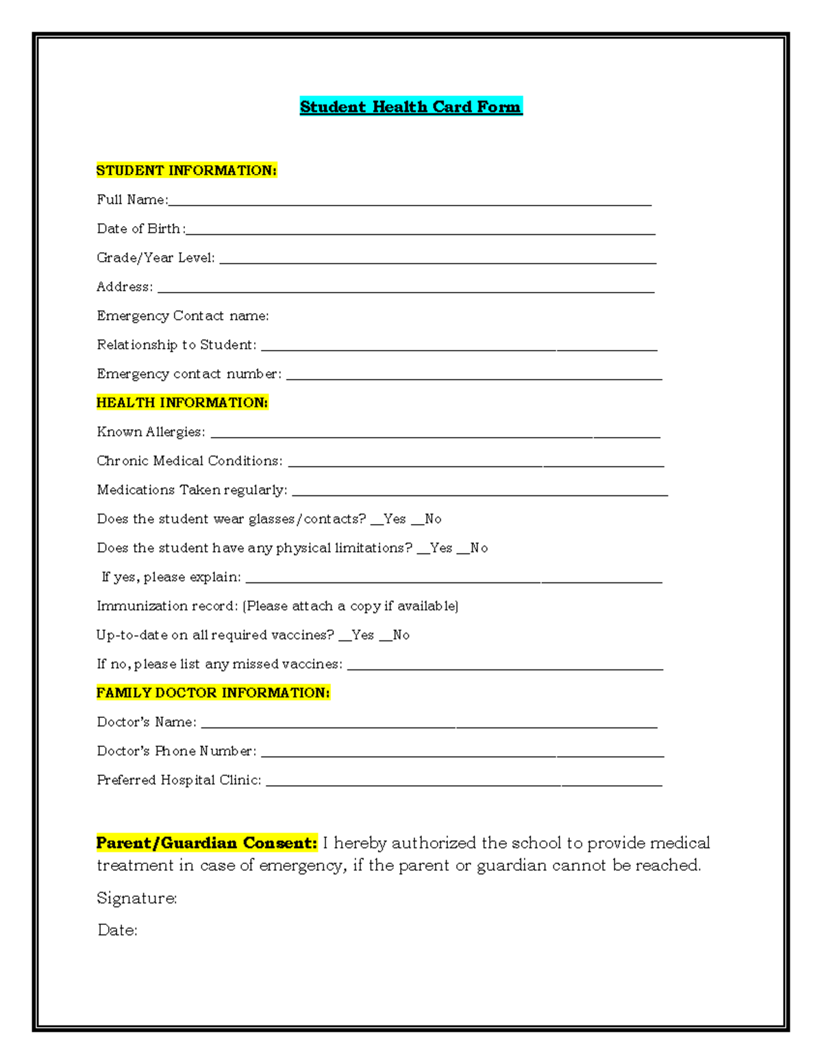 Student Health Card Form - Student Health Card Form STUDENT INFORMATION ...