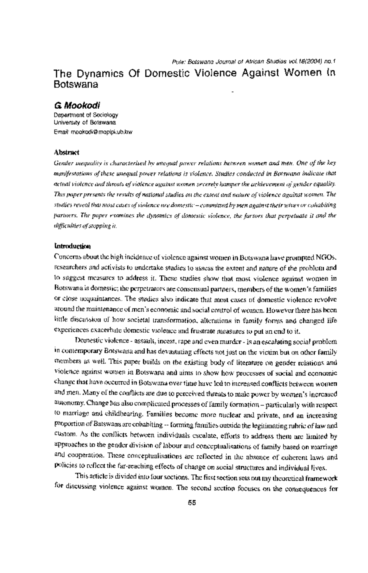 Mookodi The dynamics of domestic violence against women in Botswana ...