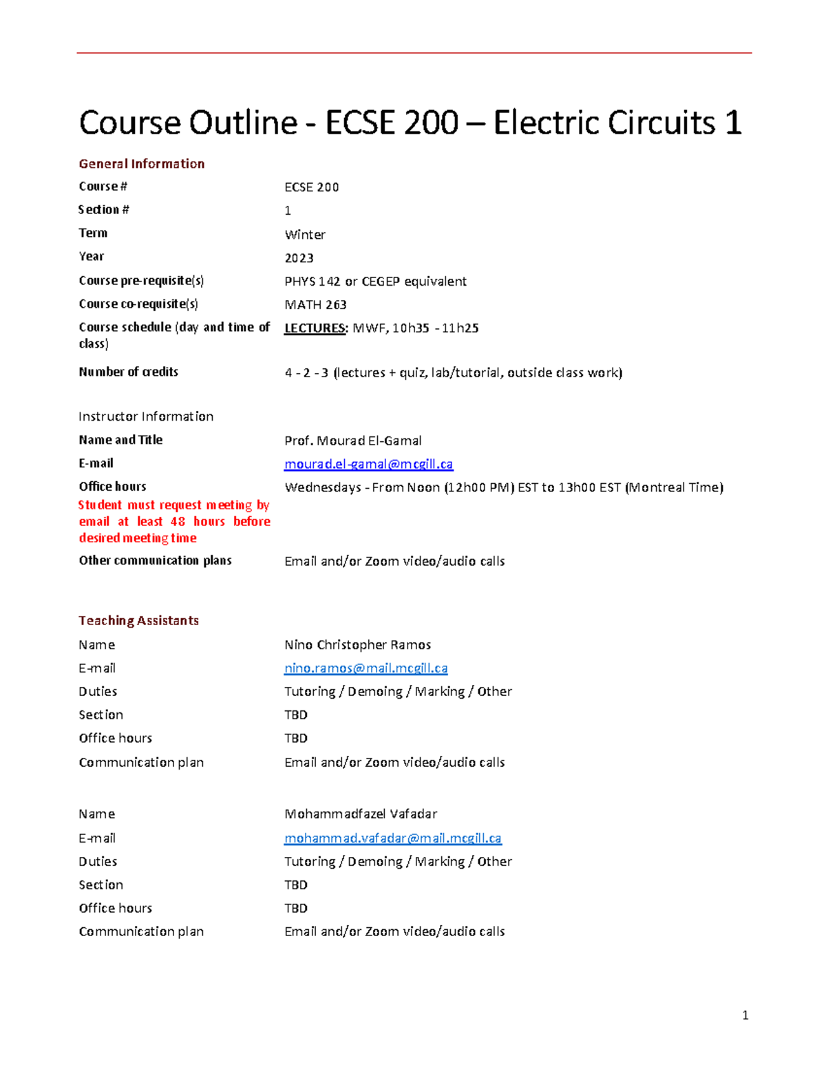 Course Outline 1 Ecse 200 Jan 9th 2023 Course Outline Ecse 200 Electric Circuits 1