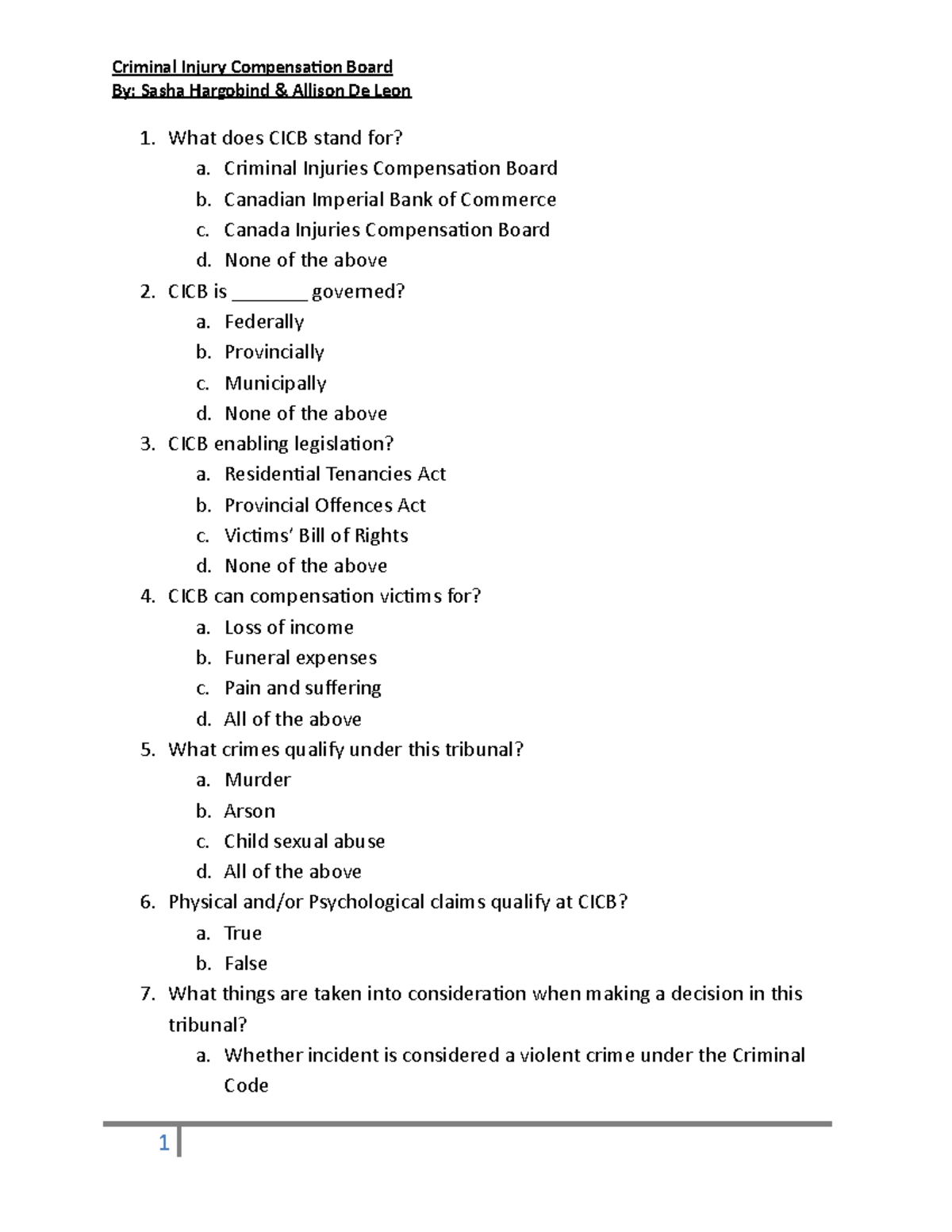 Crim handout - I had Carla for this course. - Criminal Injury ...