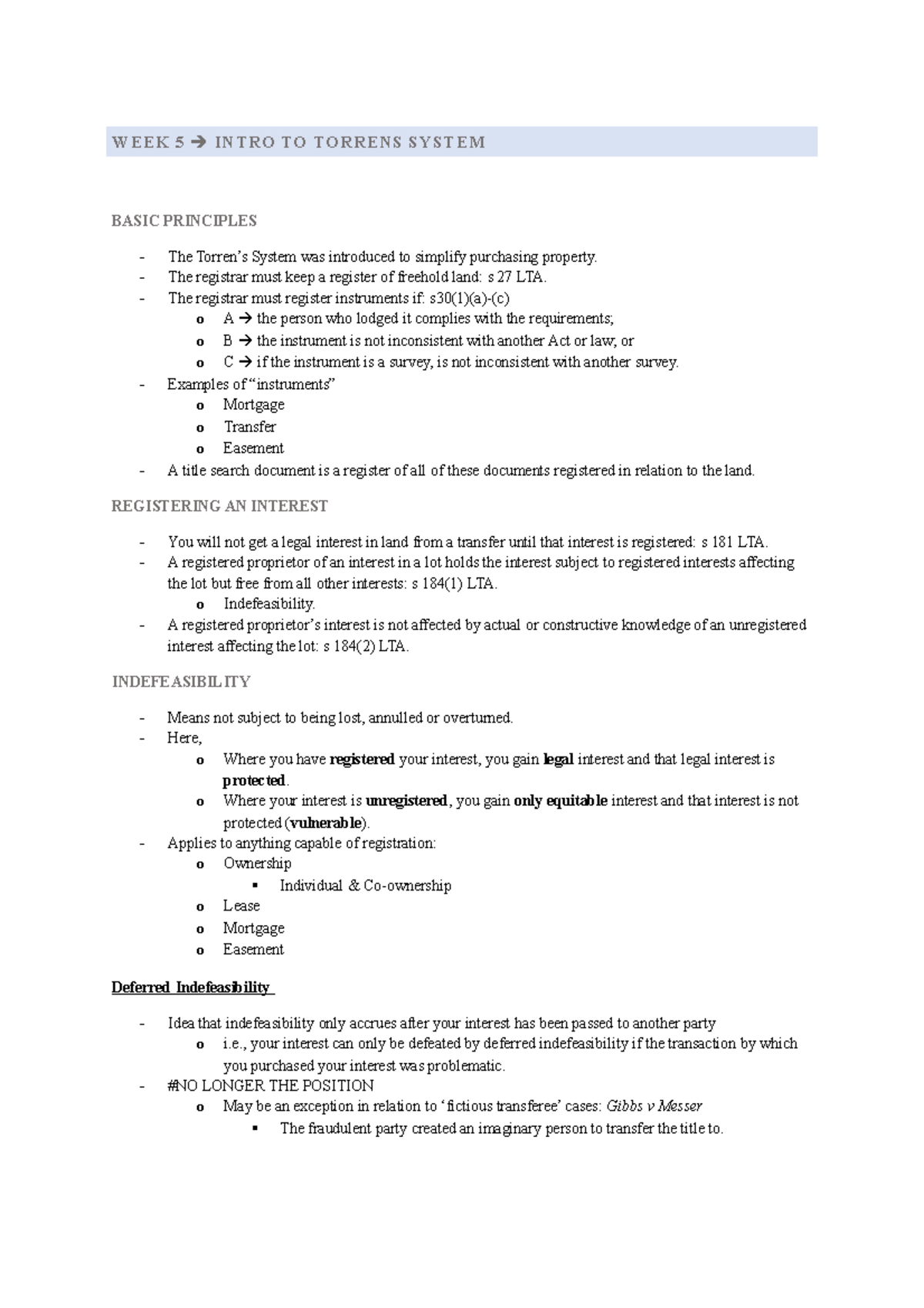 Intro To Torrens Notes - WEEK 5 INTRO TO TORRENS SYSTEM BASIC ...