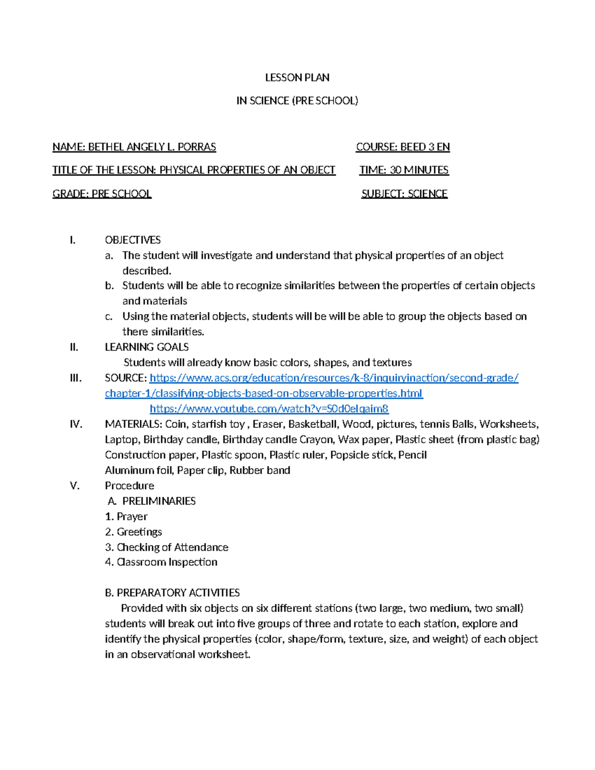 Lesson PLAN science - LESSON PLAN IN SCIENCE (PRE SCHOOL) NAME: BETHEL ...