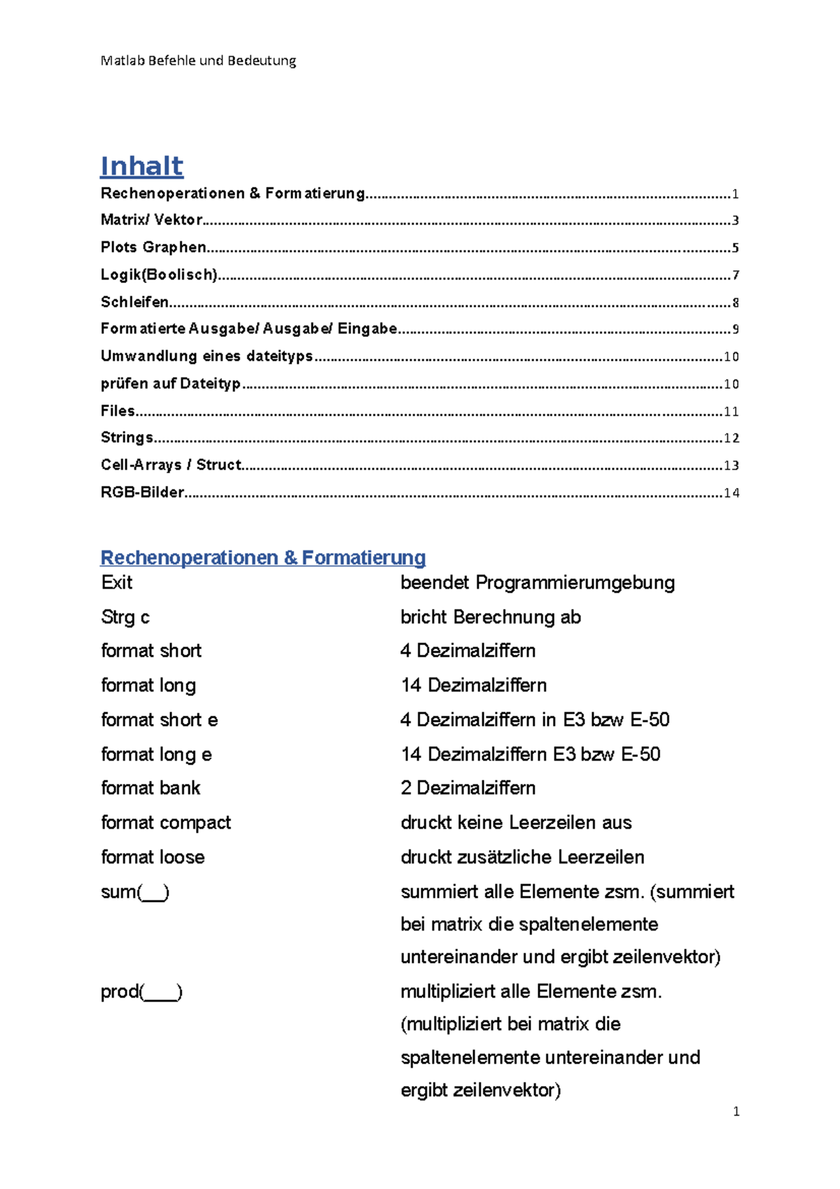 Befehle und Bedeutung Matlab - Matlab Befehle und Bedeutung Inhalt ...