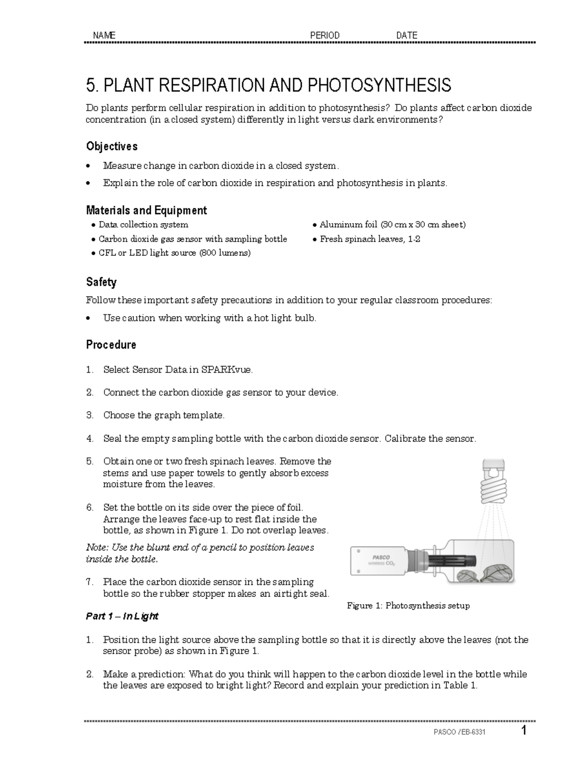 Respiration and Photosynthesis Lab - NAME PERIOD DATE 5. PLANT ...