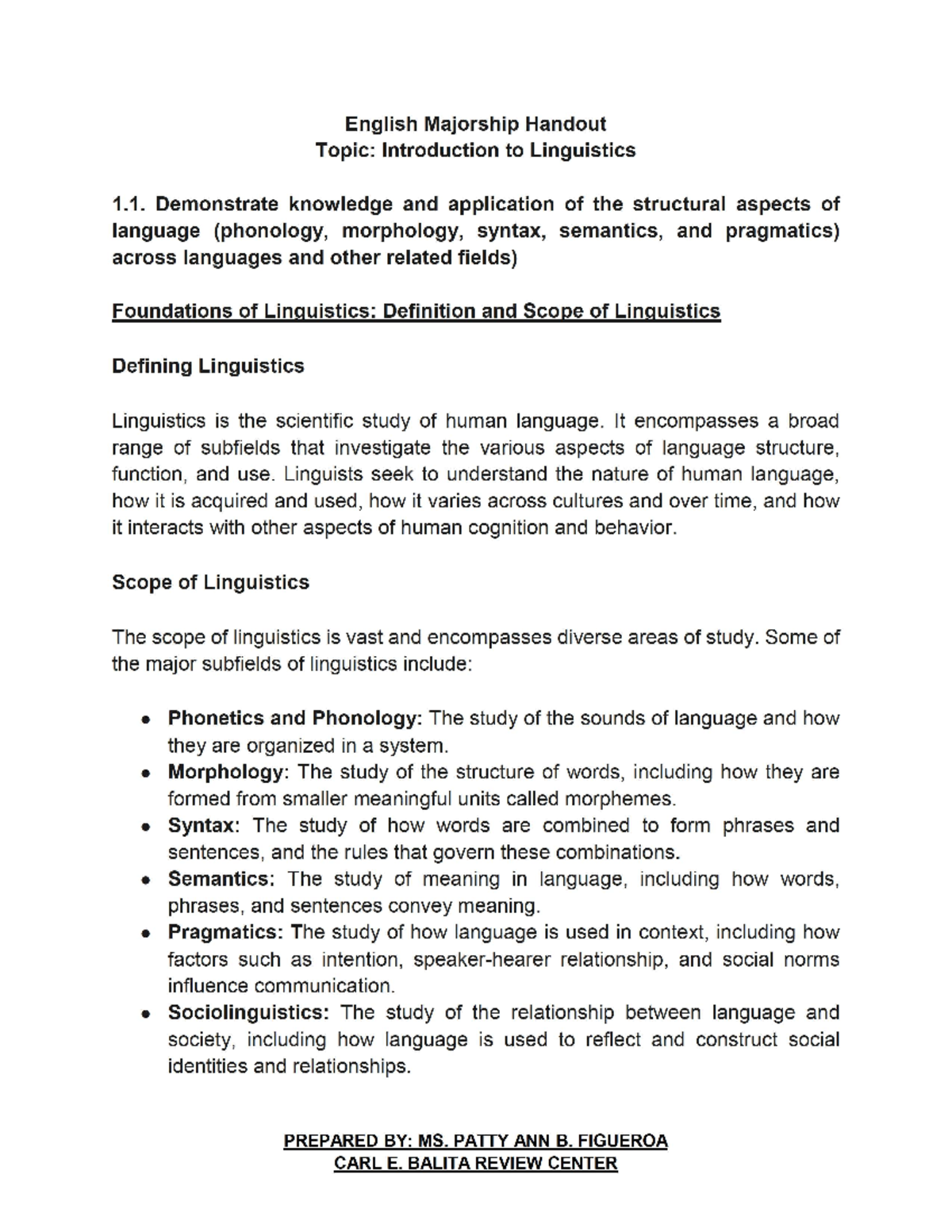 Introduction to Linguistics - Demonstrate knowledge and application of ...