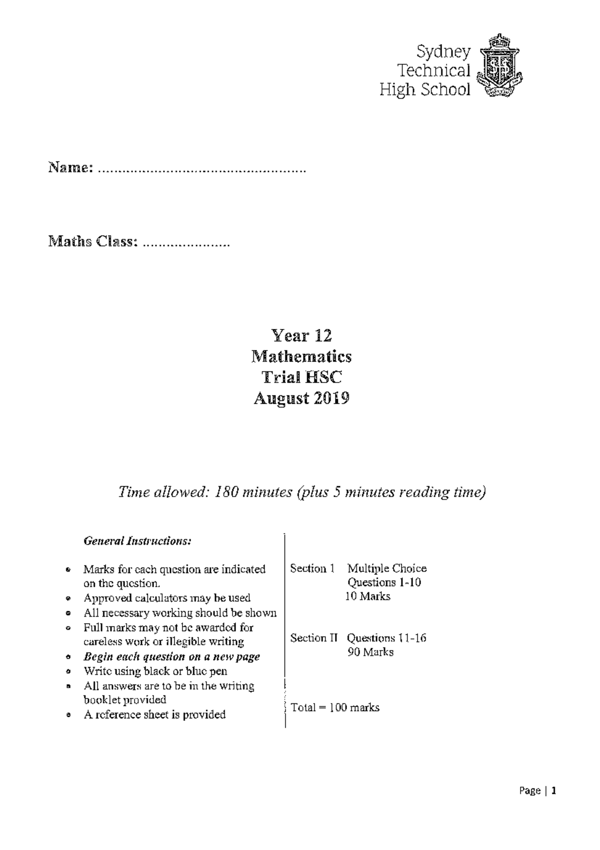 Sydney Tech 2019 2U Trials & Solutions - Sydney Technical High School ...