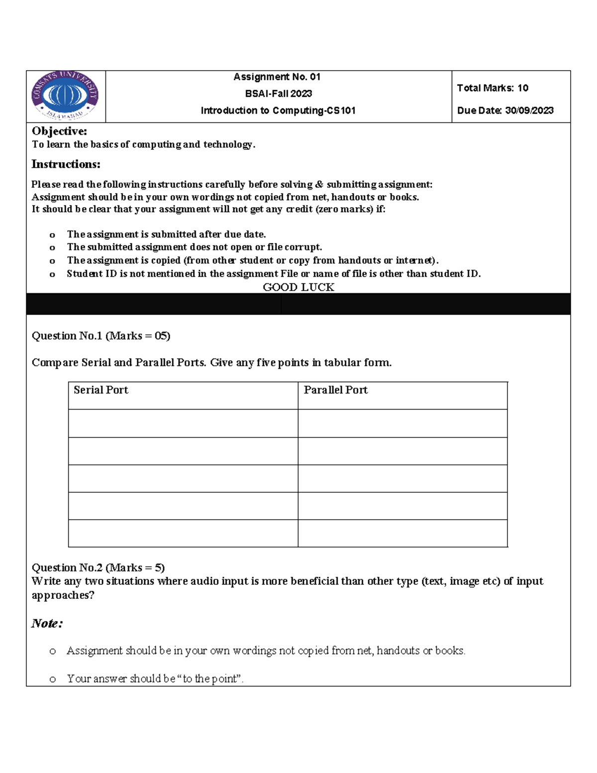 pARALLEL PORTS AND SERIAL - Assignment No. 01 BSAI-Fall 2023 Introduction to Computing-CS Total ...