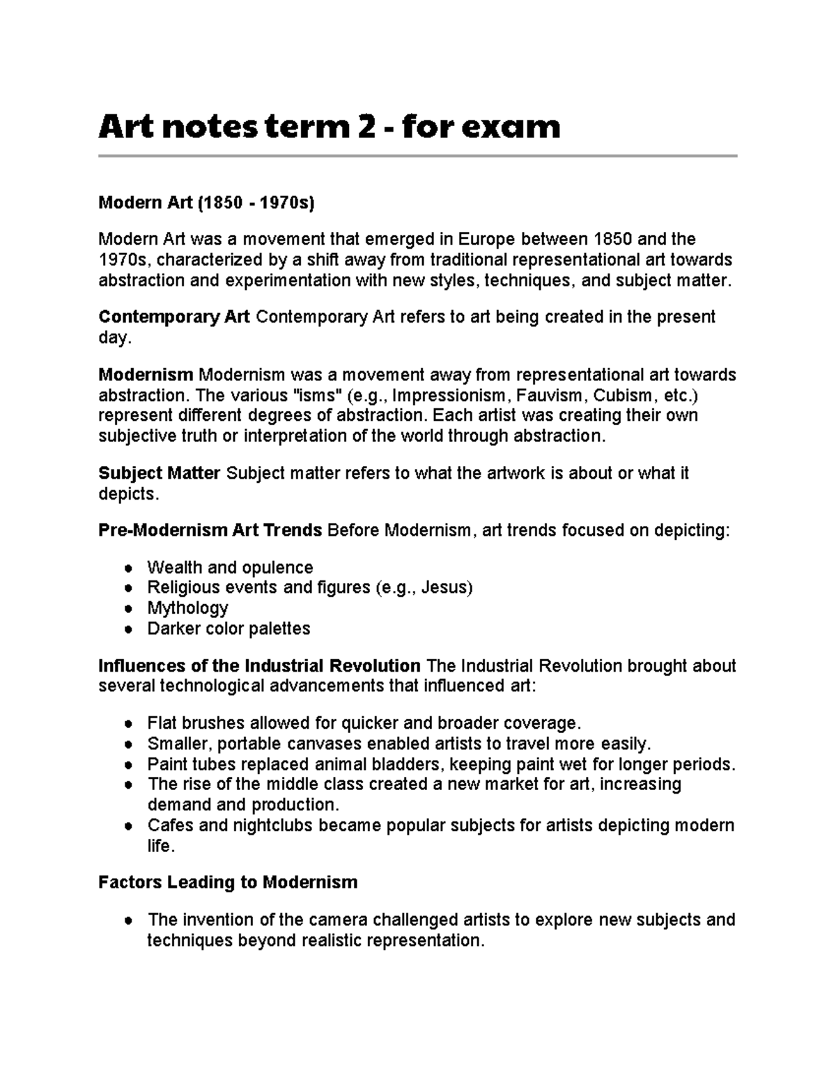 Art notes term 2 - modernism part 2 - Art notes term 2 - for exam ...
