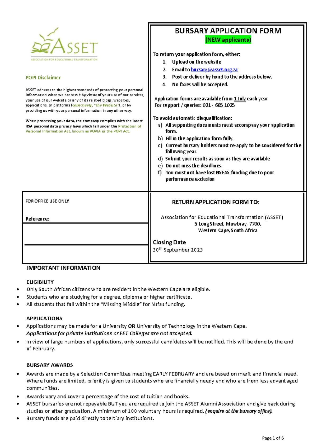 Asset Bursary Application Form 2024 New Applicants - POPI Disclaimer ...