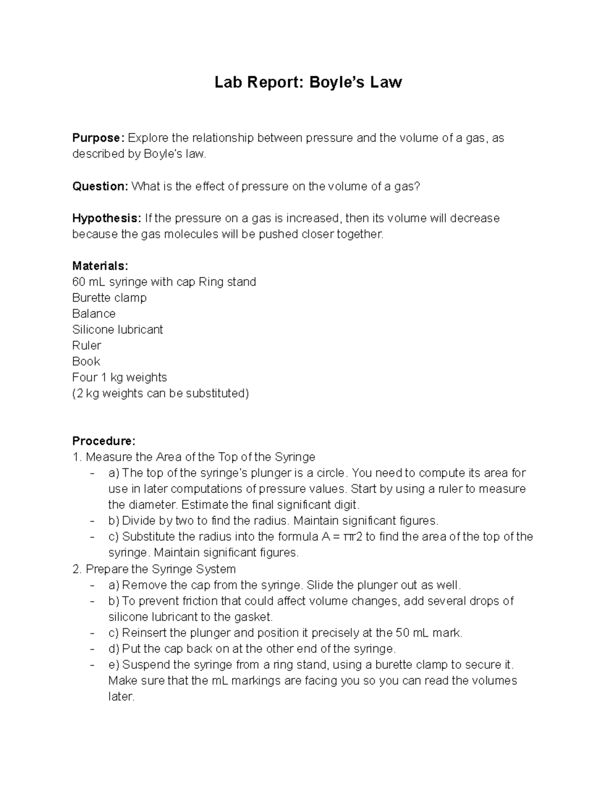 Lab Report Boyle's Law - Lab Report: Boyle’s Law Purpose: Explore the ...