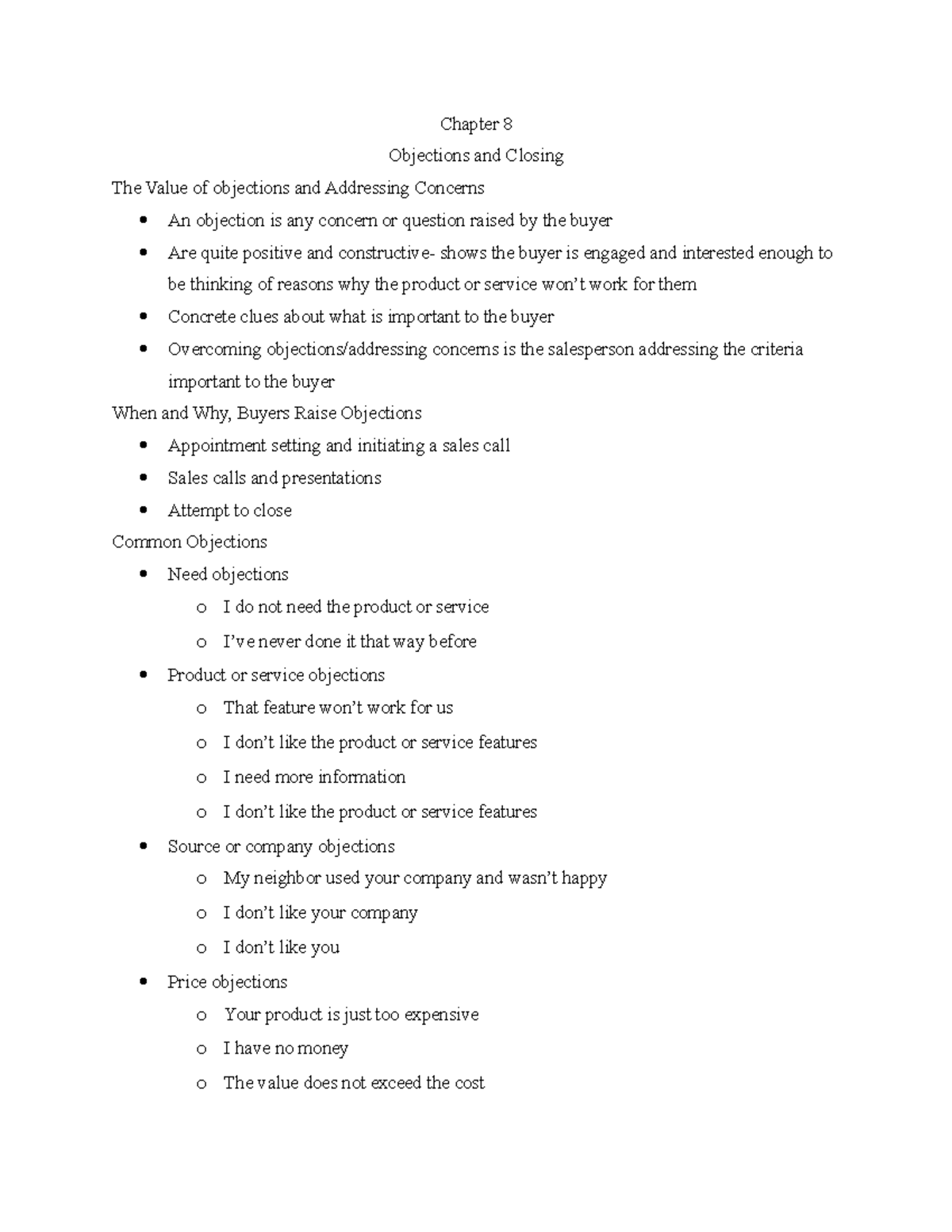 Chapter 8 - Edward Nowlin - Chapter 8 Objections and Closing The Value of objections and ...