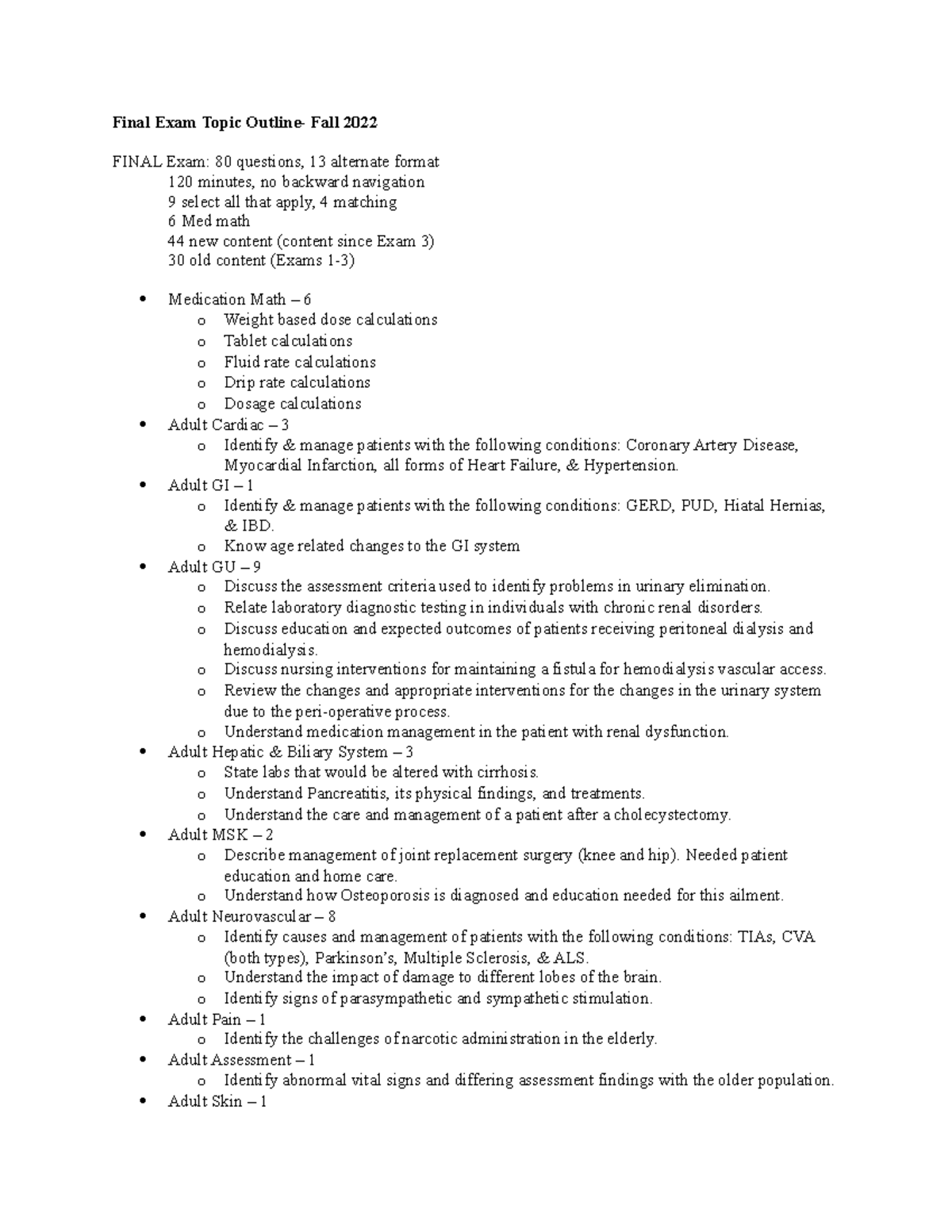 Final Exam Study Guide - Final Exam Topic Outline- Fall 2022 FINAL Exam ...