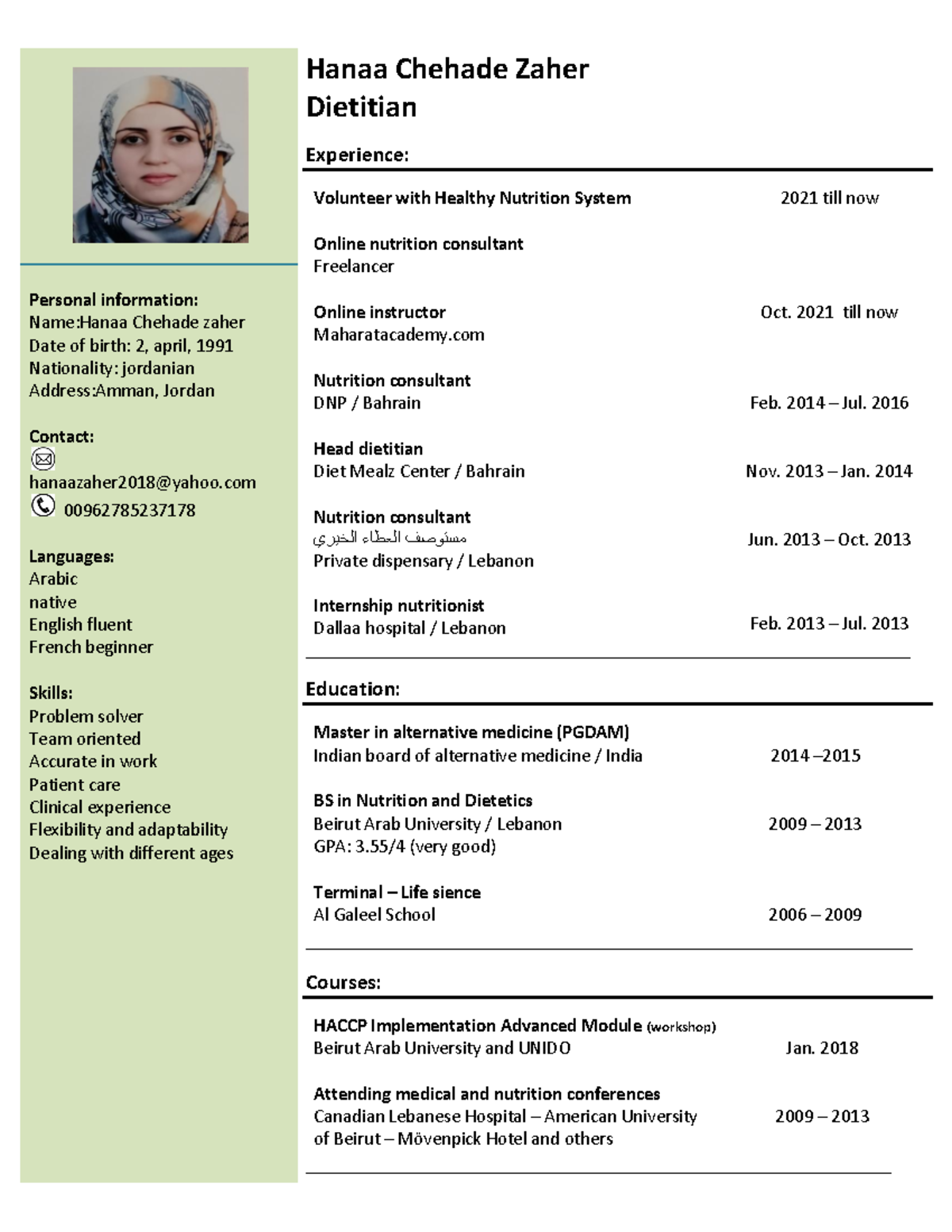Cv jordan - Documents - Personal information: Name:Hanaa Chehade zaher ...
