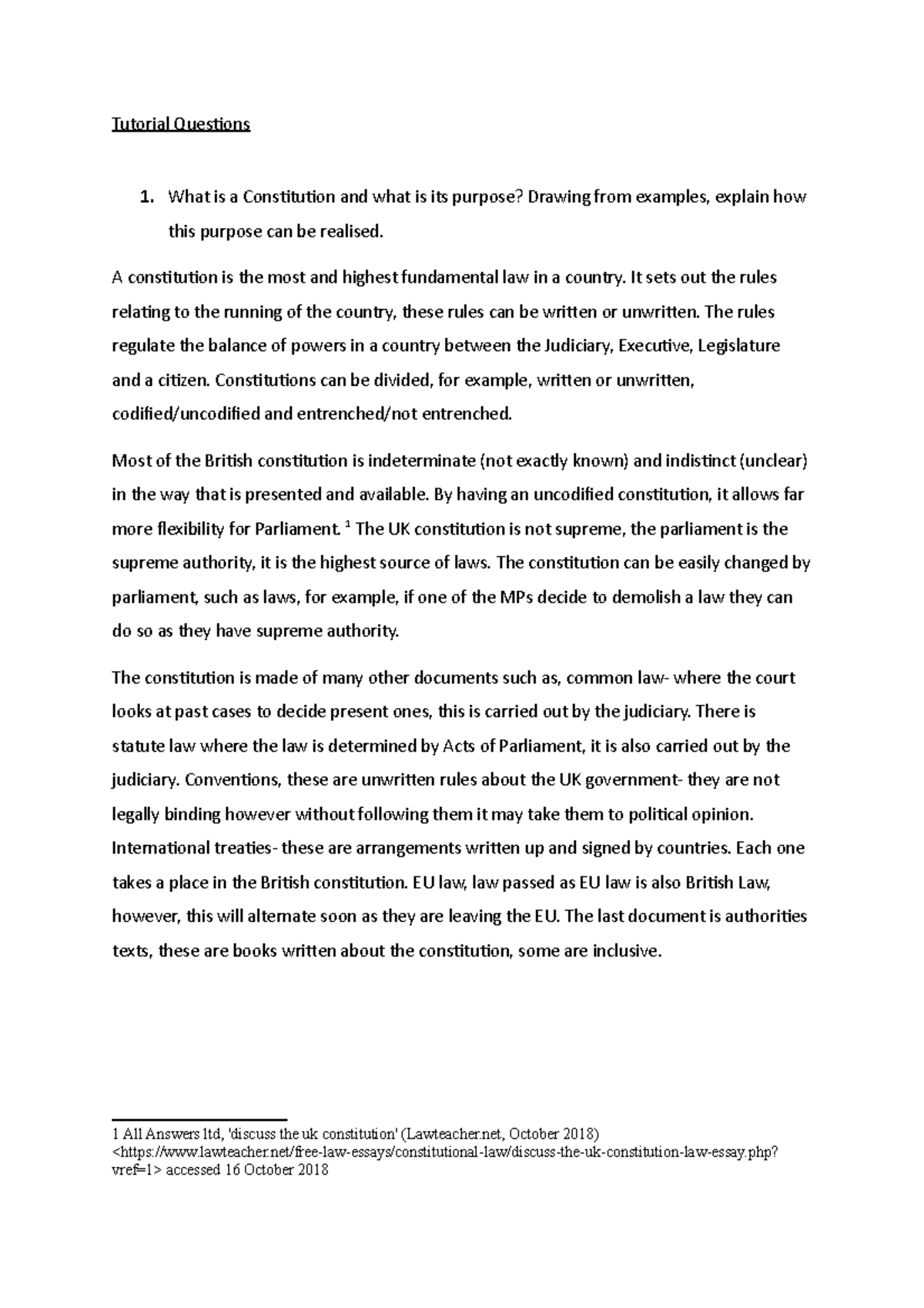 Public Law Lecture 1 Tutorial Quesions 1 What Is A Consituion And What Is Its Purpose