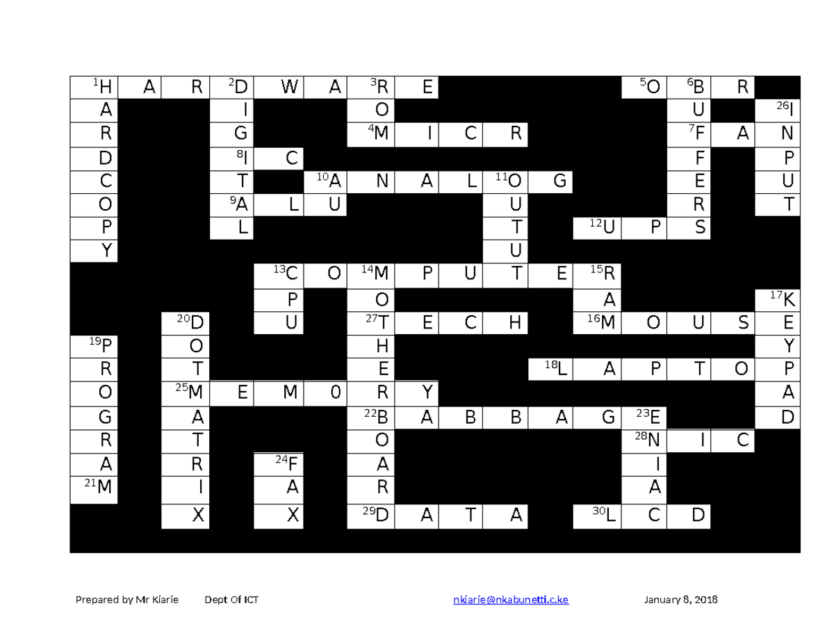 Computer Crossword - dsdd - 1 H A R 2 D W A 3 R E 5 O 6 B R A I O U 26 ...
