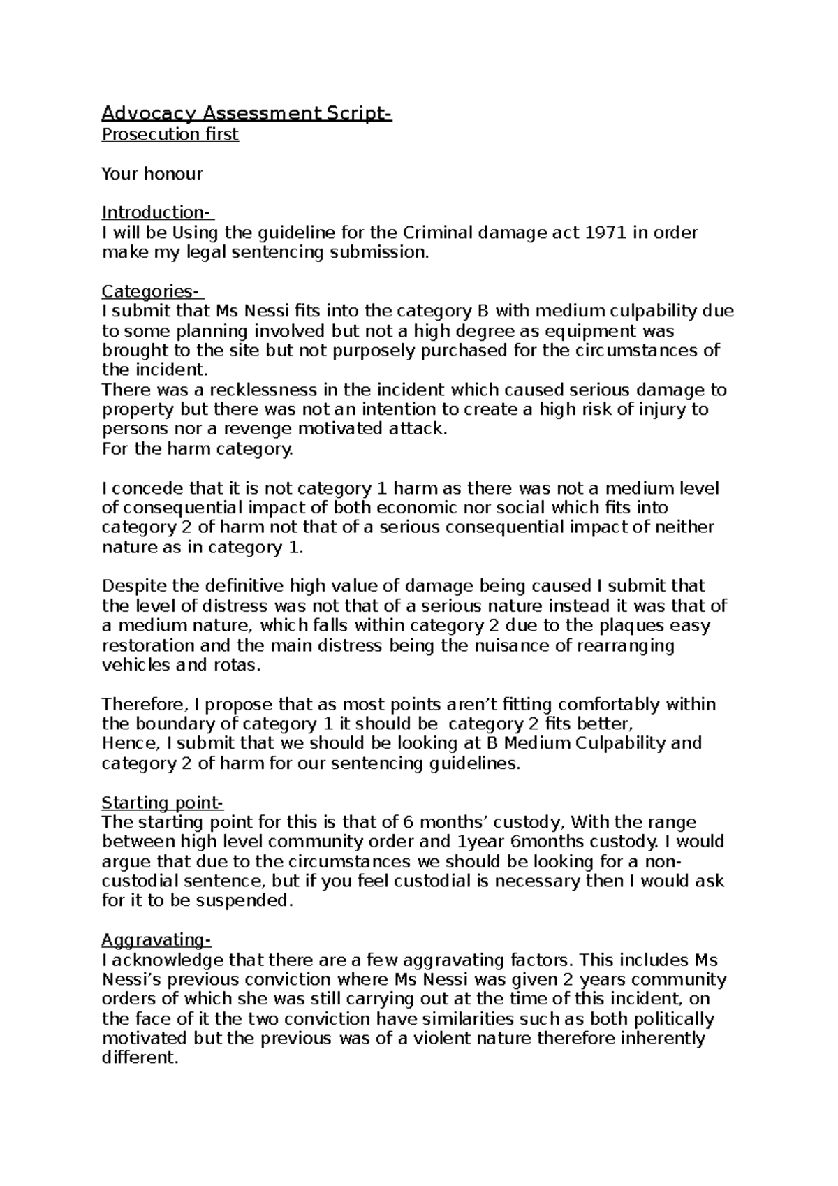 Advocacy Assessment Script - Advocacy Assessment Script- Prosecution ...