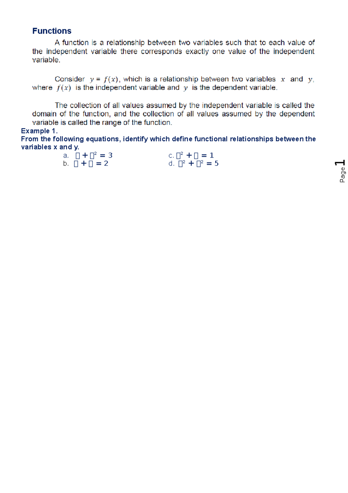 Functions - Functions Example 1. From the following equations, identify ...