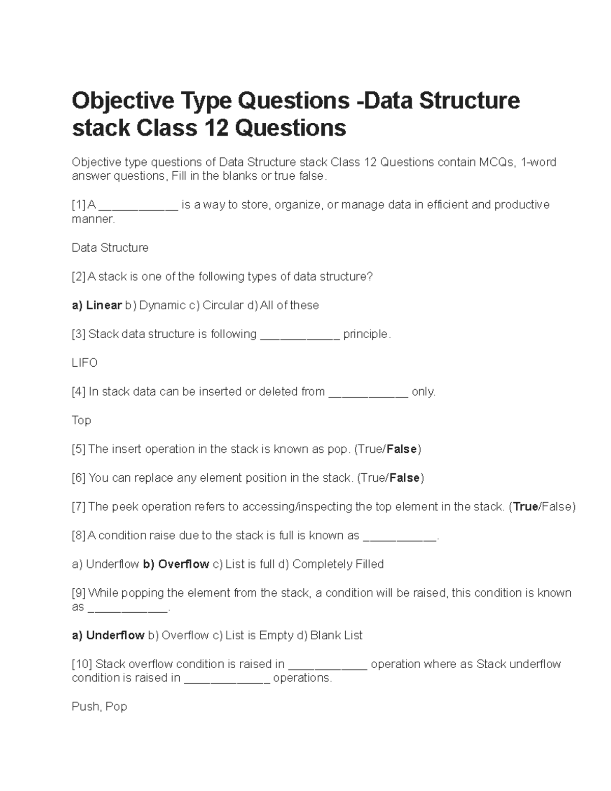 CH - 5 Stack - good - Objective Type Questions -Data Structure stack ...