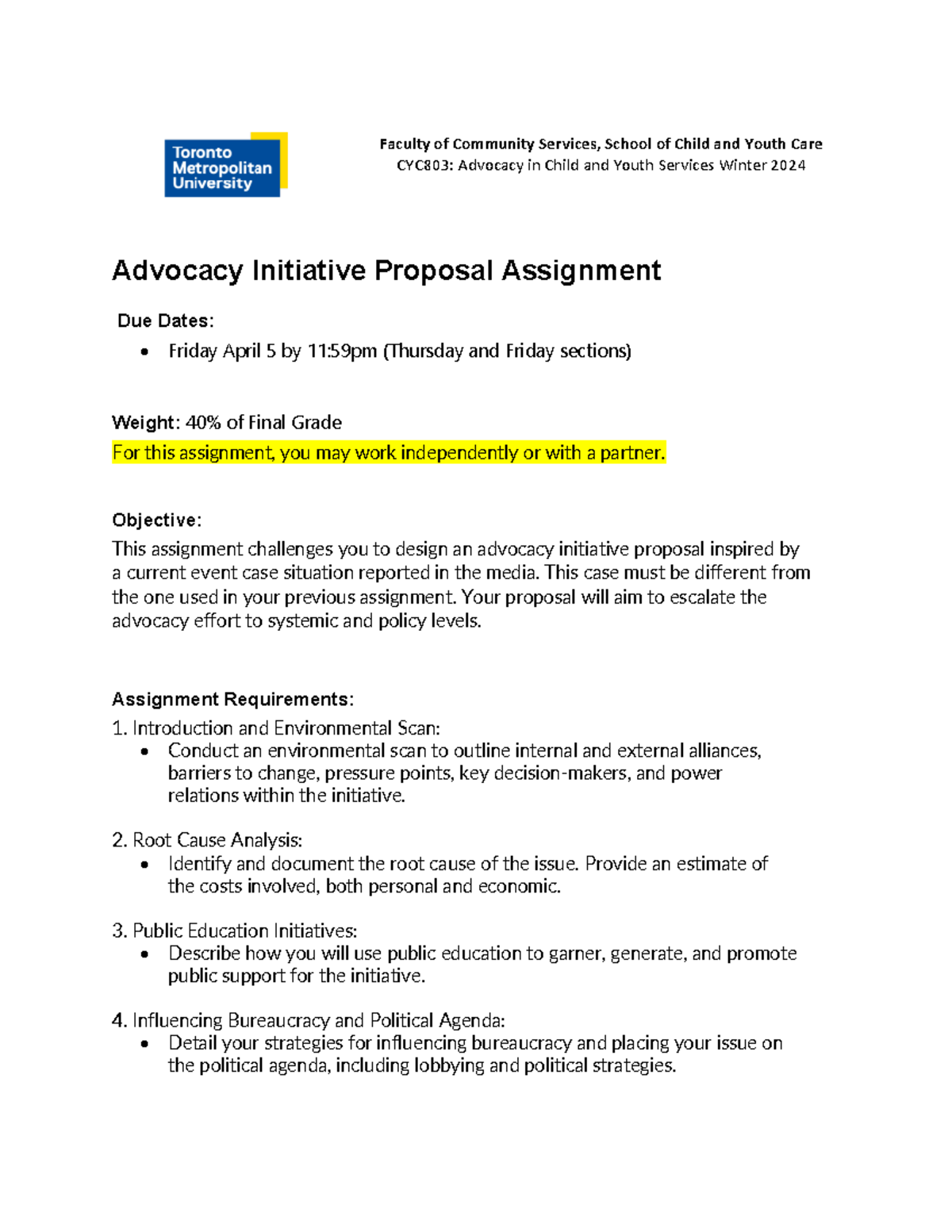 CYC 803 Advocacy Initiative Proposal Assessment - Faculty of Community ...