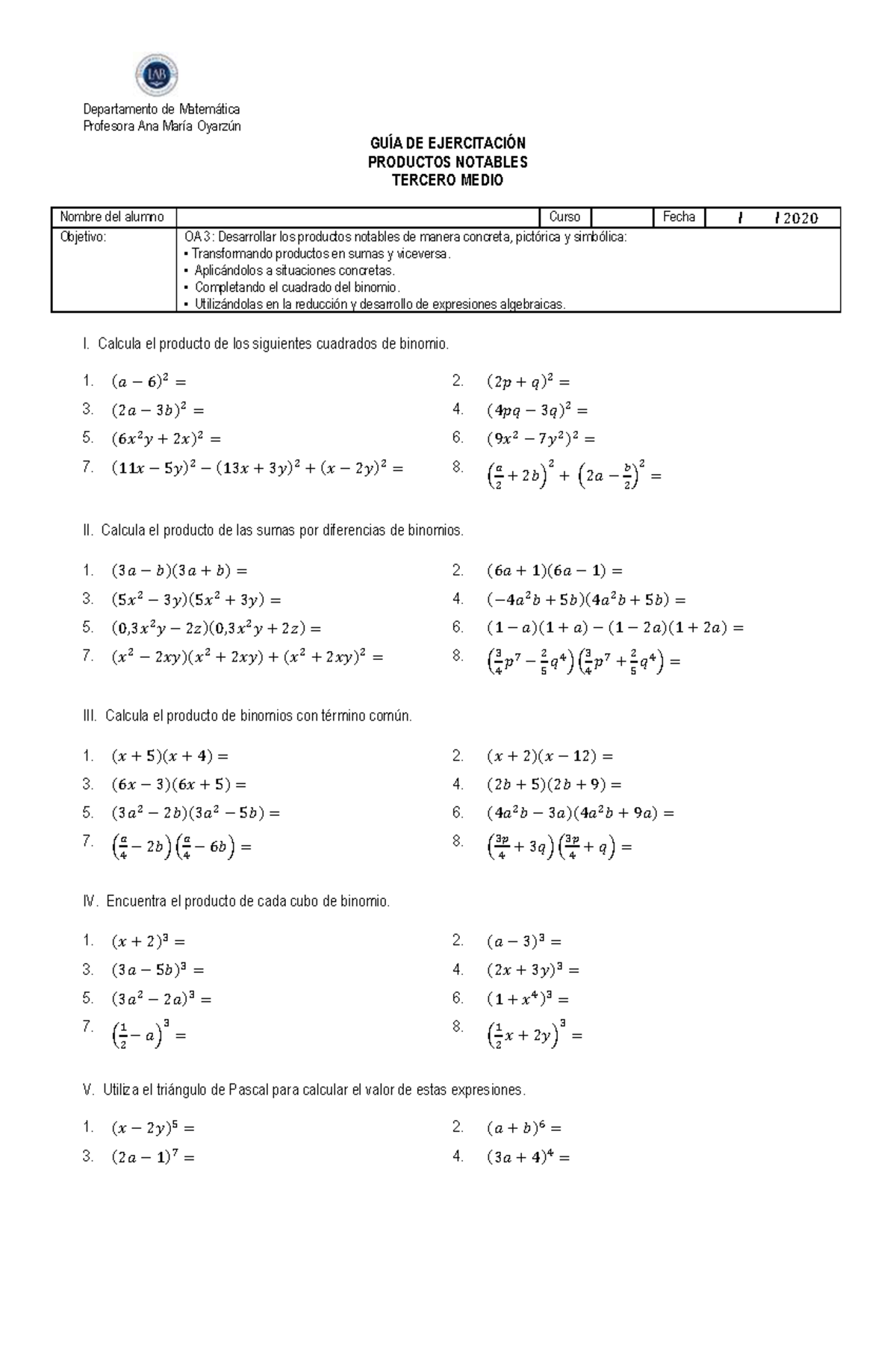 Guía de ejercitación Productos notables 3°A 3°C 2 - Departamento de ...