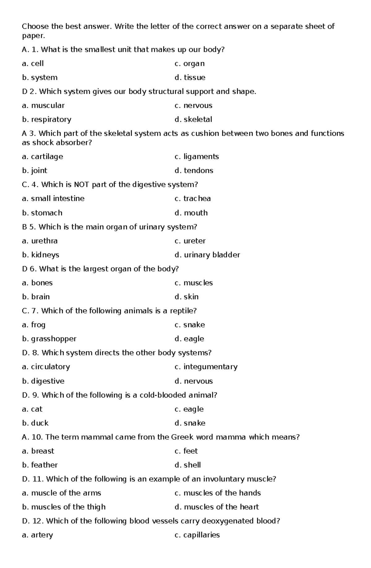 QUIZ BEE Question - to hslp - Choose the best answer. Write the letter ...