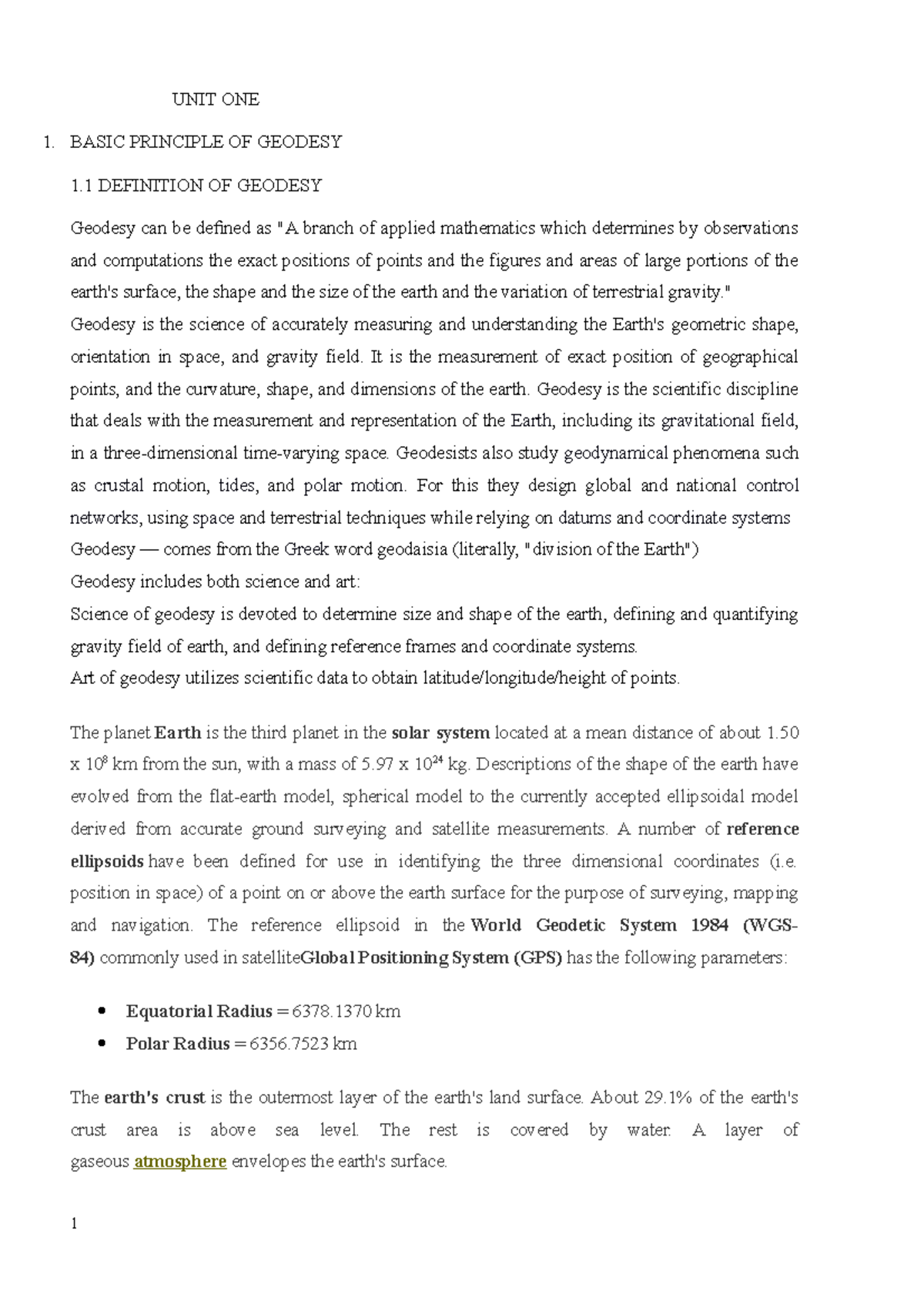 Unit I Geodesy Introduction - UNIT ONE 1. BASIC PRINCIPLE OF GEODESY 1 ...