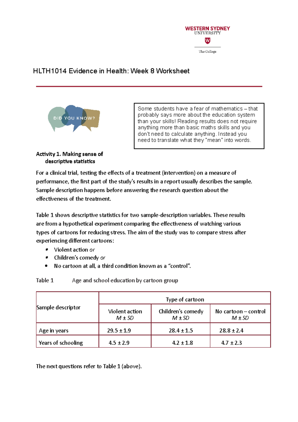 HLTH1014 Worksheet Week 08 - HLTH1014 Evidence in Health: Week 8 ...