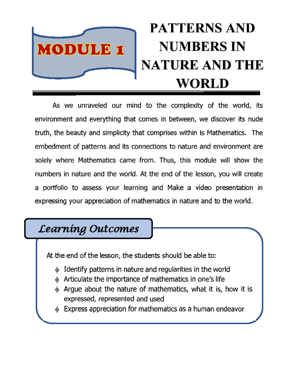 Module 1 THE Nature OF Mathematics - Make a video presentation in ...