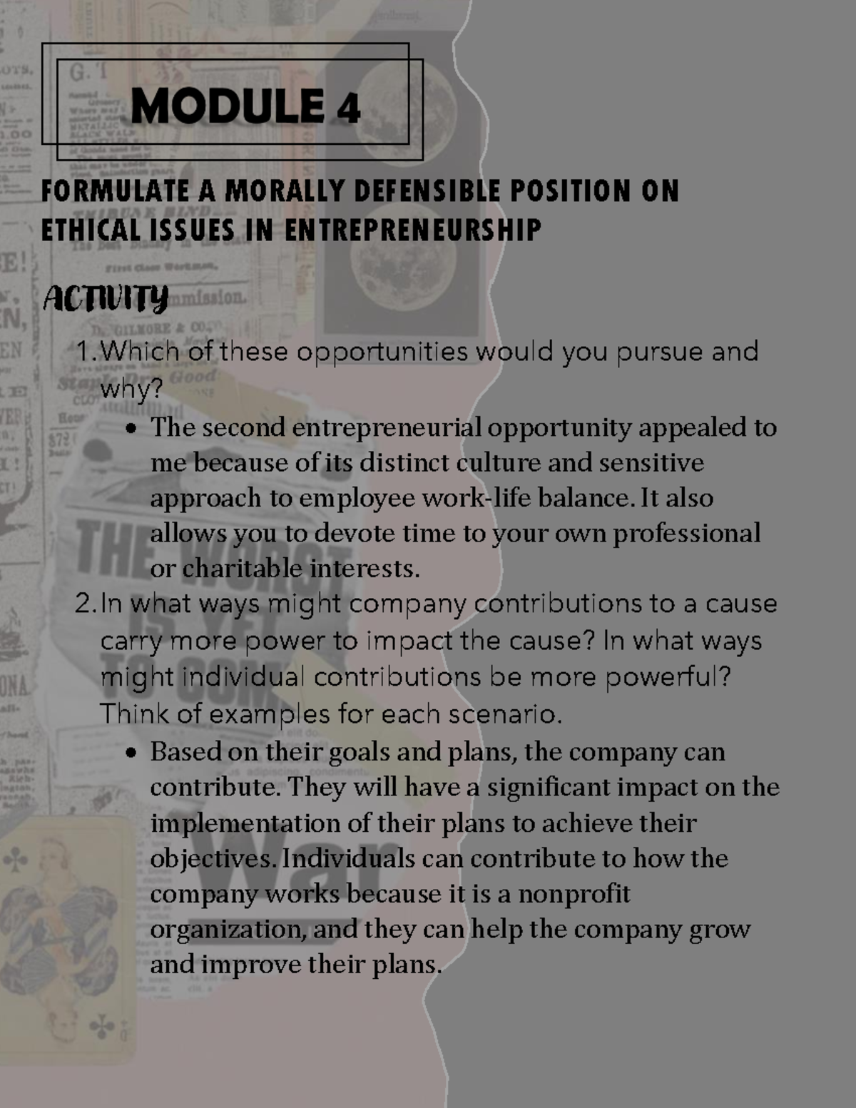 BESR- Module 4 - IT IS ABOUT YOUR SUBJECT BESR - FORMULATE A MORALLY ...