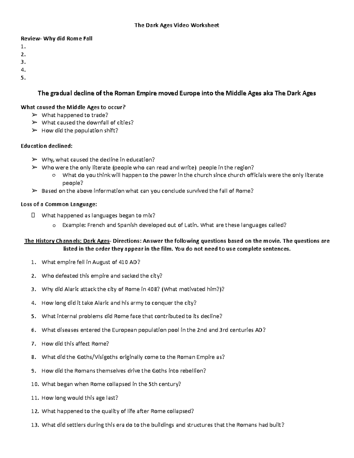 Copy of The Dark Ages Video WS - The Dark Ages Video Worksheet Review ...