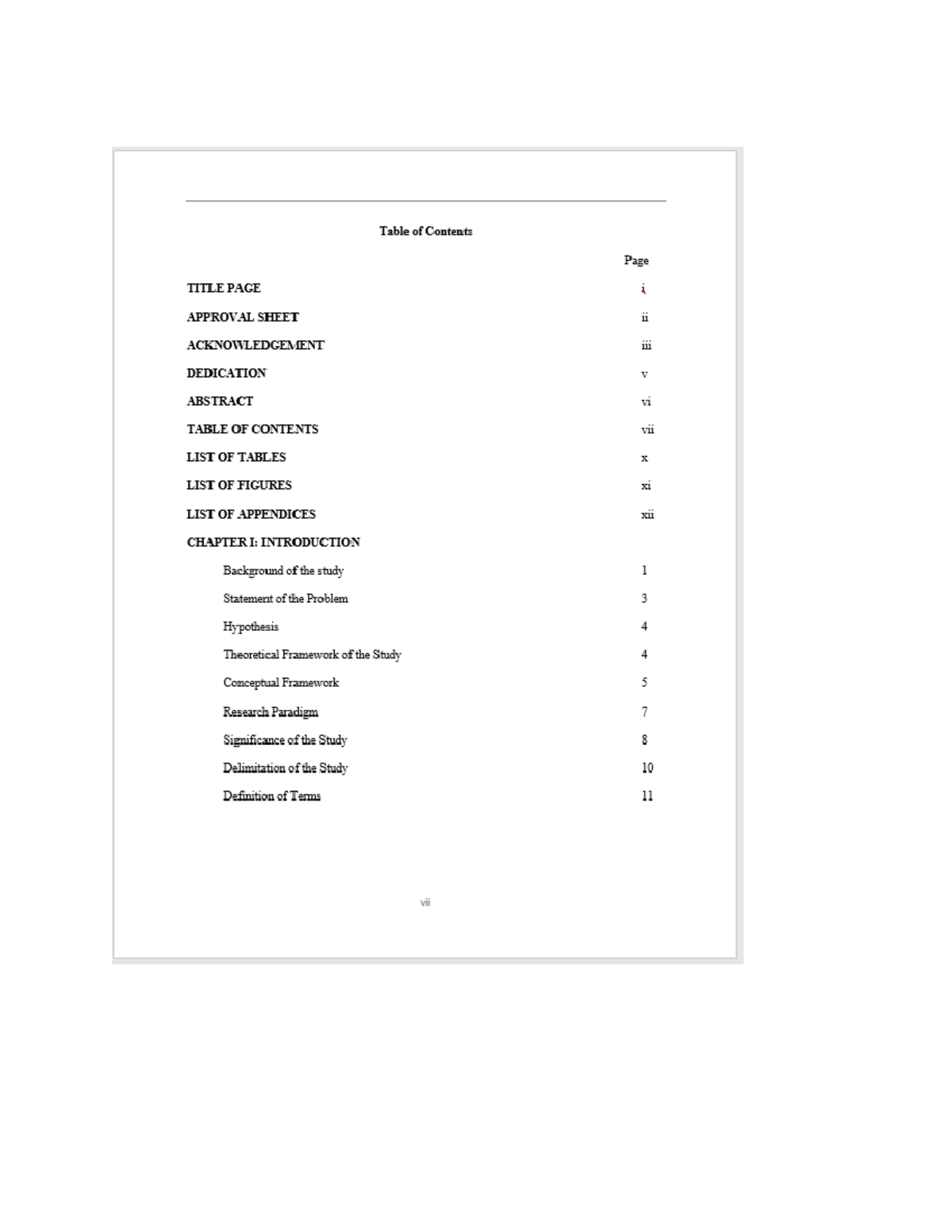 Sample of Table of Contents - Table of Contents Page TITLE PAGE i ...