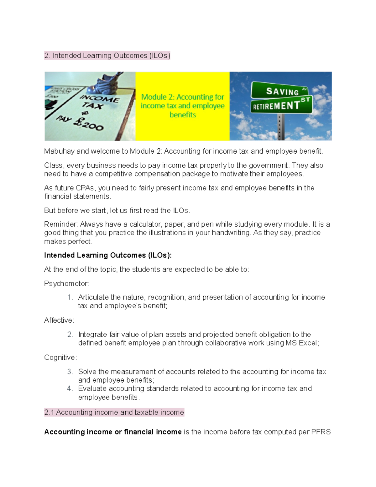 Module 2 Accounting for Income Tax and Employee Benefits - Intended ...