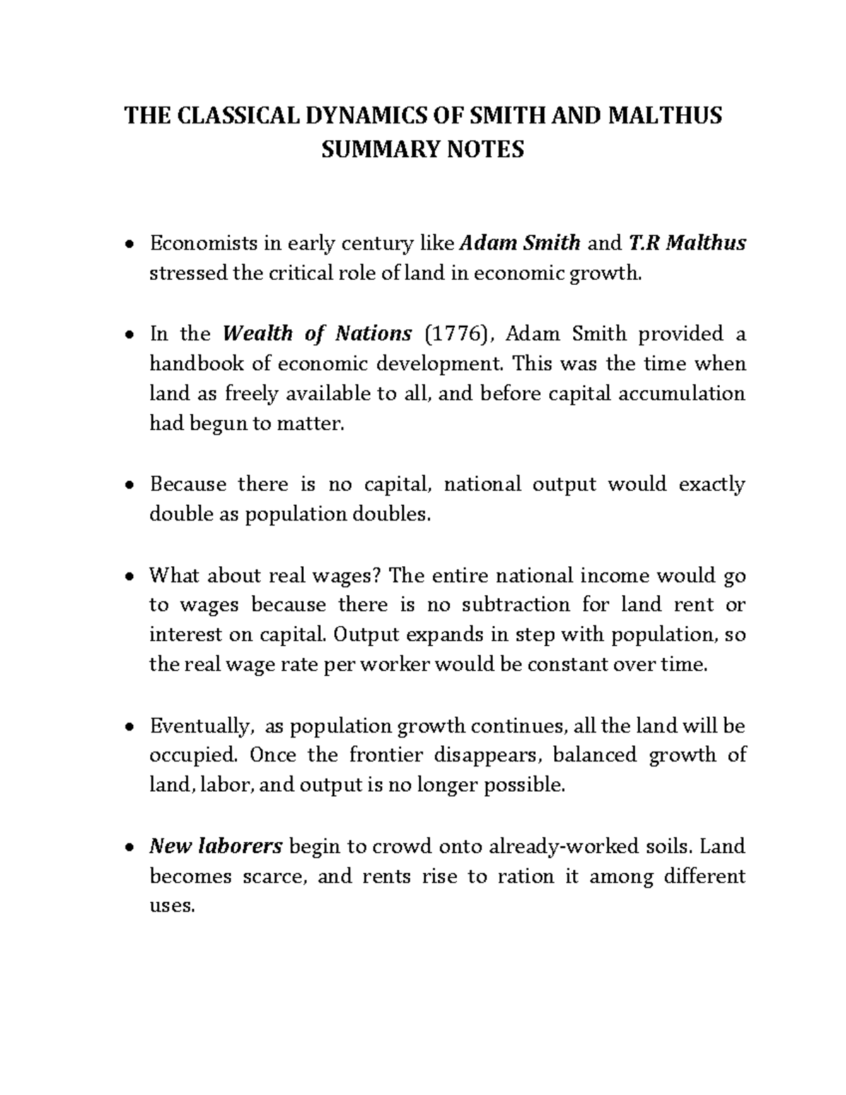 The Classical Dynamics of Smith and Malthus Summary Notes - THE ...