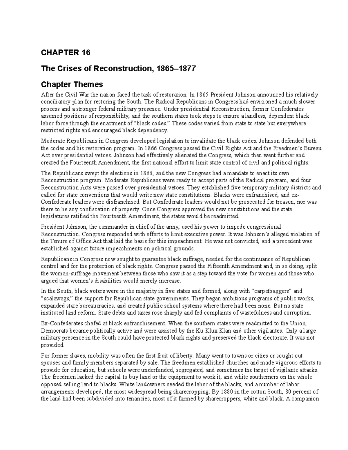 Chapter 16 - ch summary - CHAPTER 16 The Crises of Reconstruction, 1865 ...