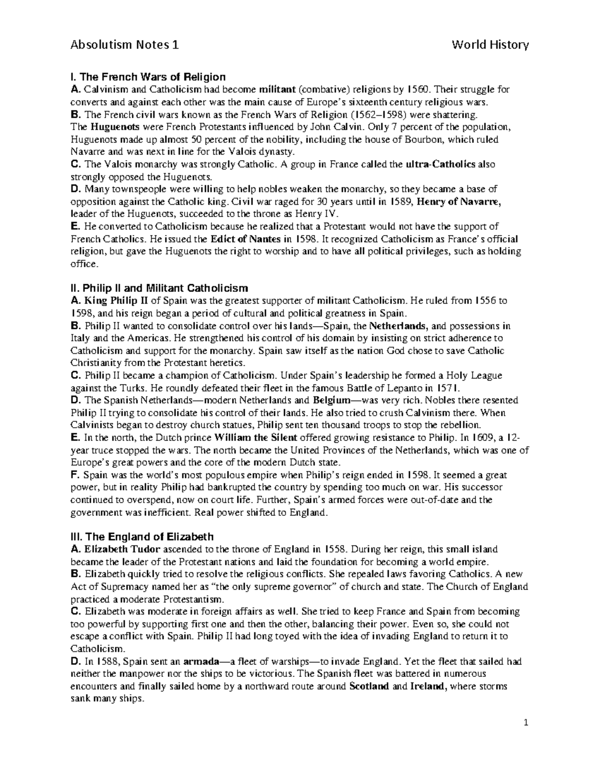 Absolute Notes 1 - Springer - Absolutism Notes 1 World History I. The ...