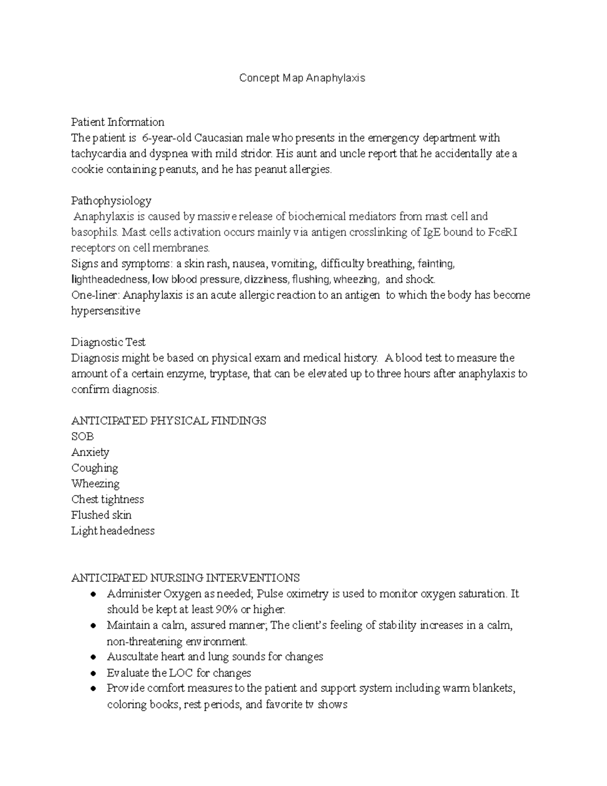 Concept Map Anaphylaxis - Concept Map Anaphylaxis Patient Information The patient is 6-year-old ...