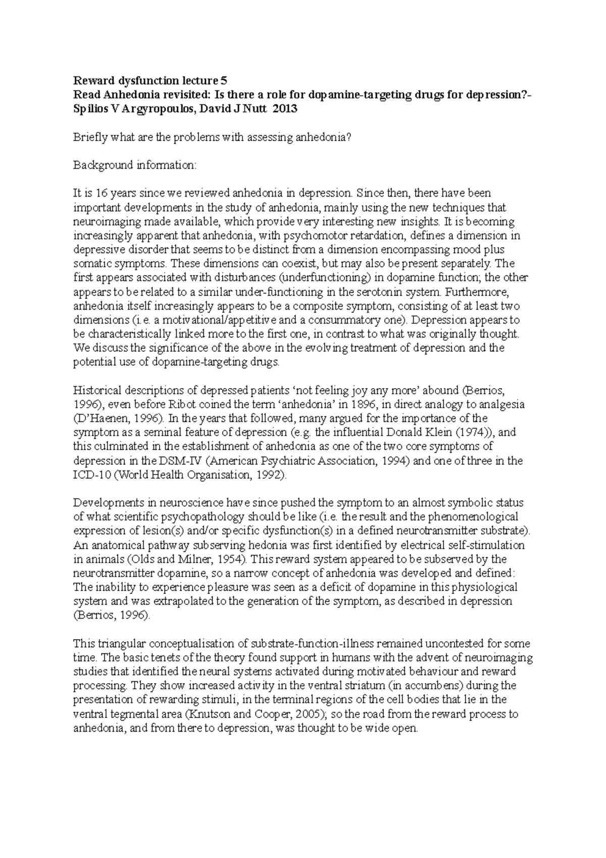 Lecture 5 seminar prep - n.a - Reward dysfunction lecture 5 Read ...