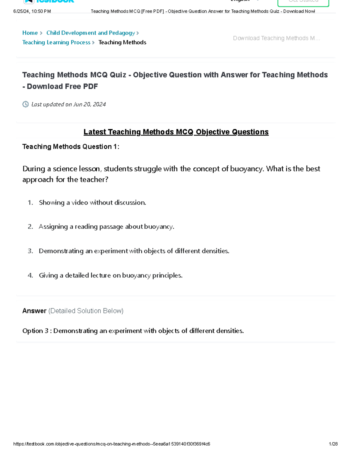 Teaching Methods Mcq [free Pdf] Objective Question Answer For