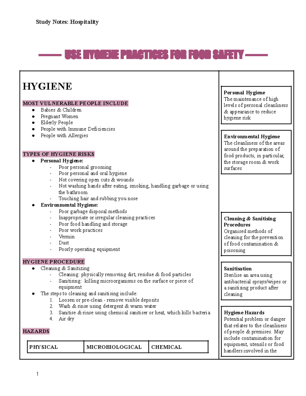 Hospitality Study Notes - —— USE HYGIENE PRACTICES FOR FOOD SAFETY ...