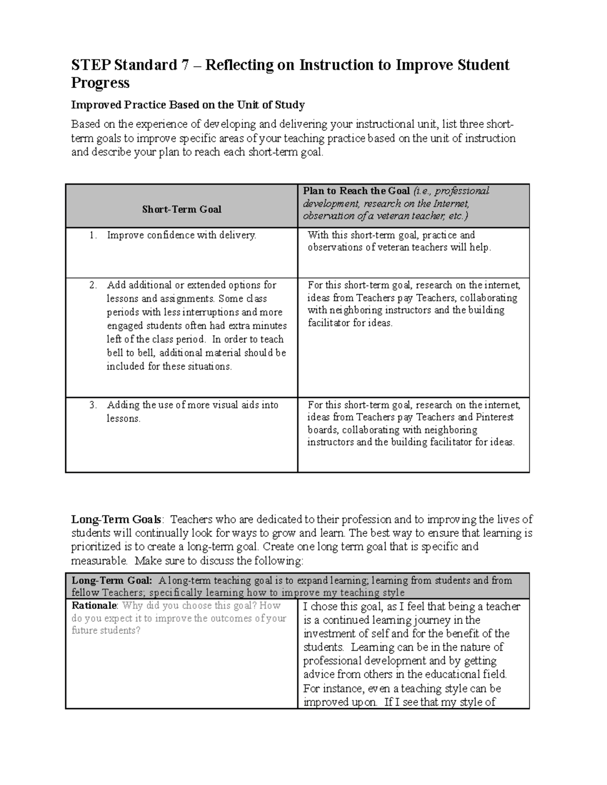 Samp STEP Standard 7 - STEP Standard 7 – Reflecting on Instruction to ...