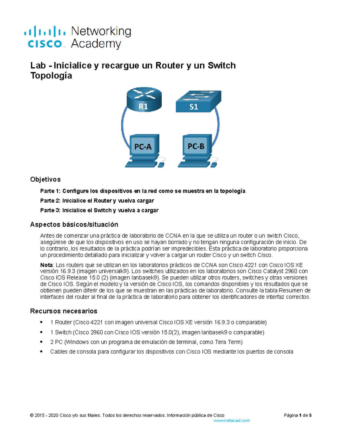 Lab - Inicializar y recarga de switch y routers. CISCO CCNA I - Topología Objetivos Parte 1 ...