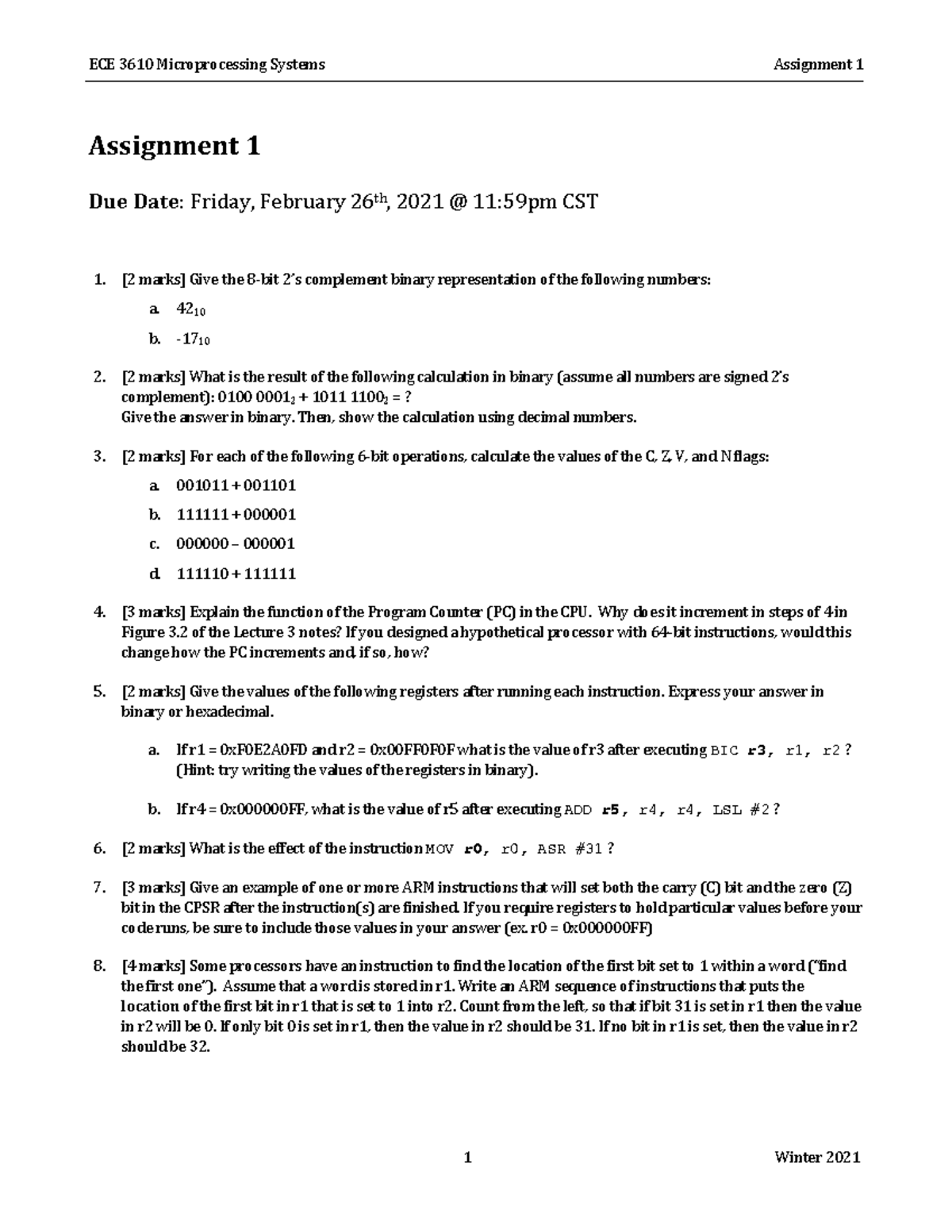 ECE3610 Winter 2021 assignment 1 - ECE 3610 Microprocessing Systems ...