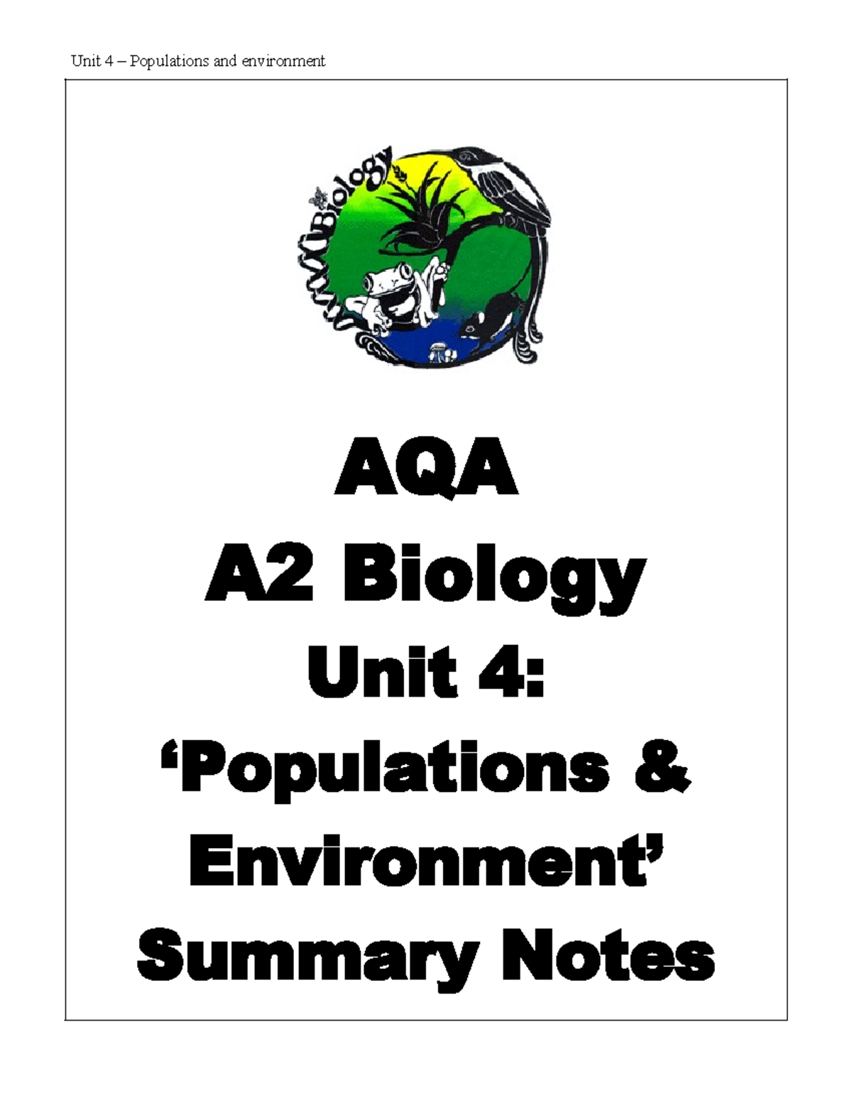 Ecology summary notes - AQA A2 Biology Unit 4: ‘Populations ...