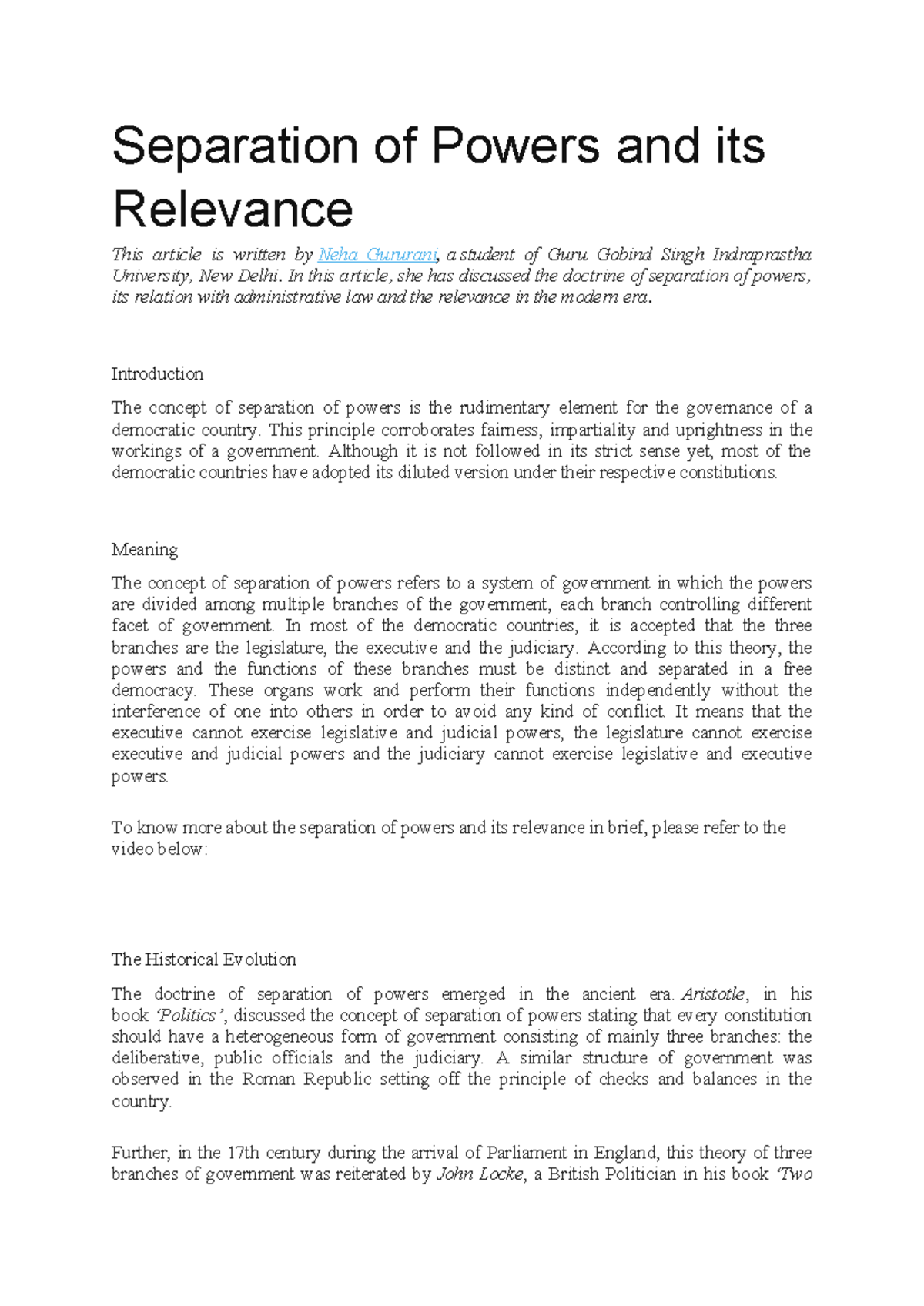 Separation of Powers and its Relevance - Separation of Powers and its ...
