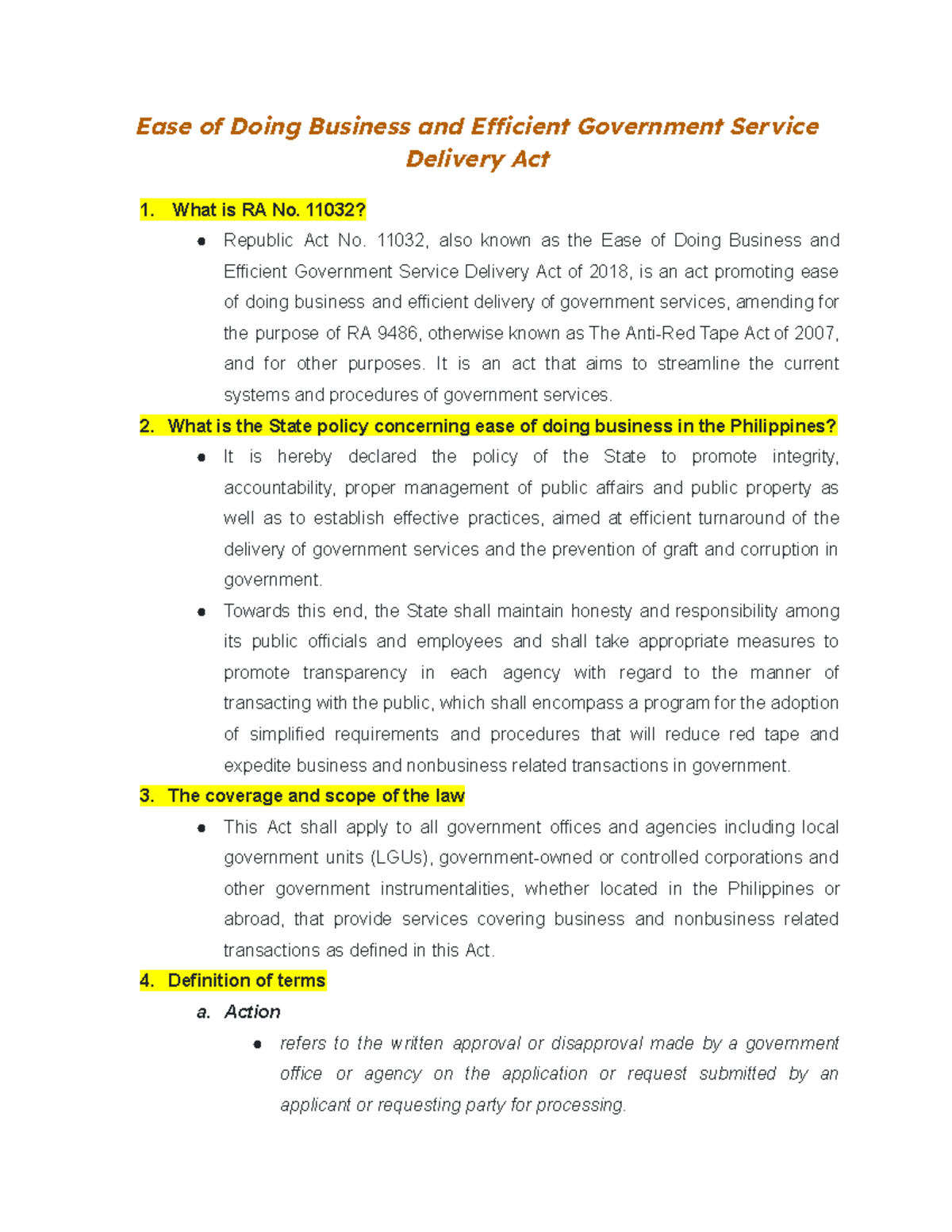 Law Outline EDB & EGS Act - Ease of Doing Business and Ecient ...