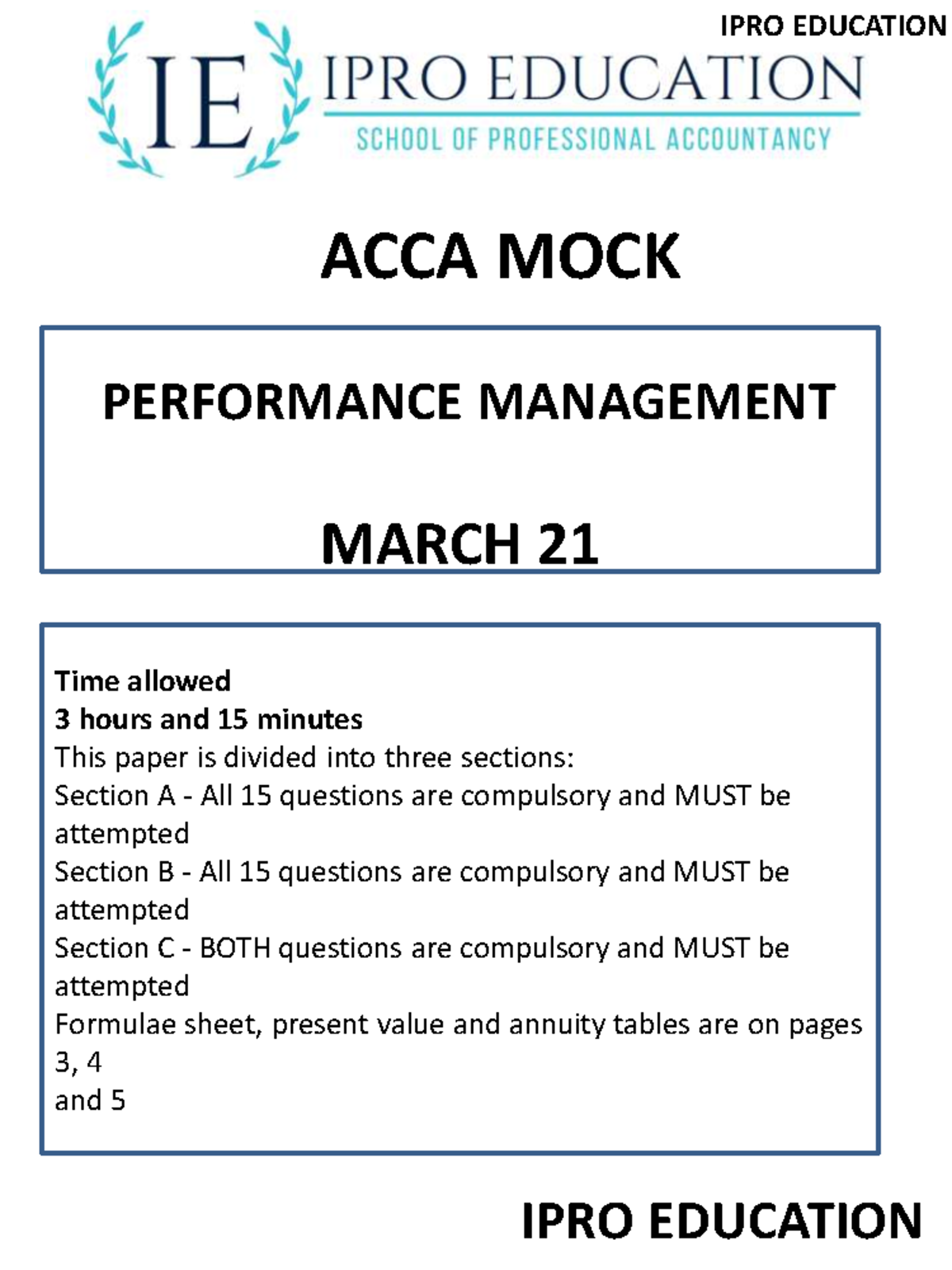 F5 mock sol - for acca students - Time allowed 3 hours and 15 minutes ...